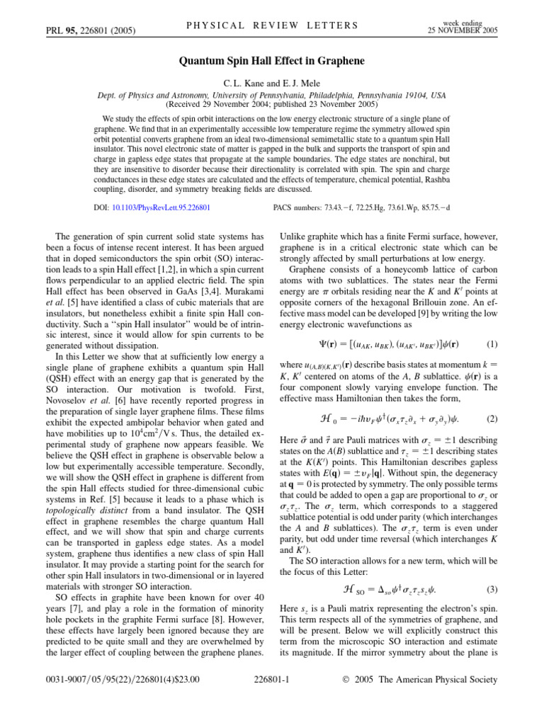 Quantum Spin Hall Effect in Graphene | PDF | Graphene | Spin (Physics)