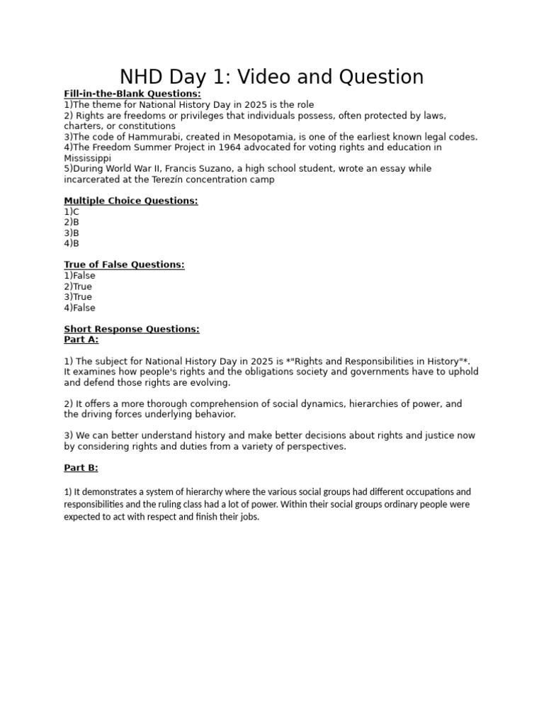 NHD Day 1 Video and Question | PDF