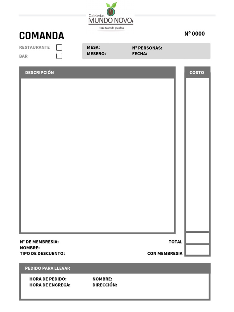 Ejemplo de COMANDA para Cafeteria | PDF
