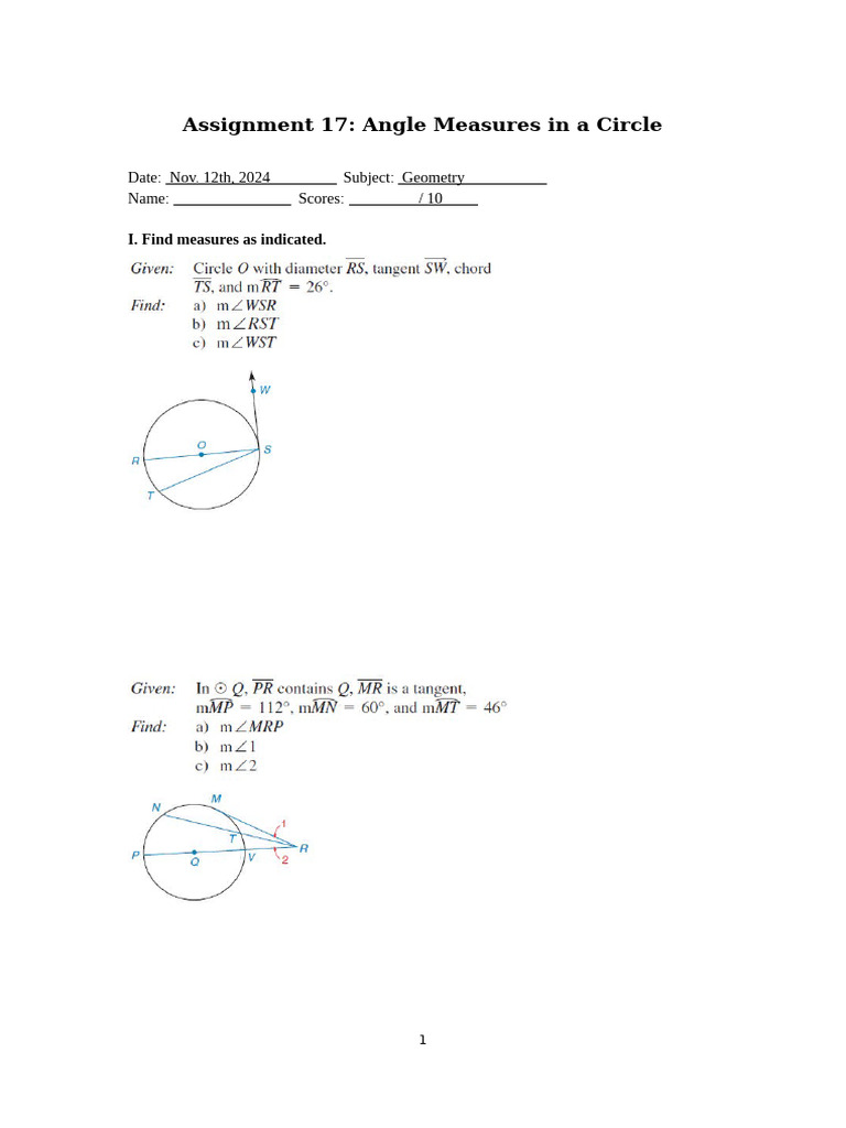 Assignment 17 - Angle Measures in a Circle | PDF