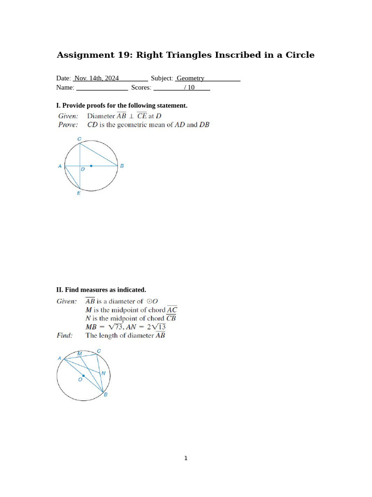 Assignment 19 - Right Triangles Inscribed in A Circle | PDF