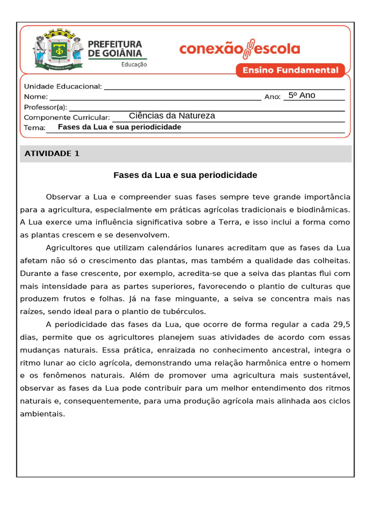 Atividade - Fases Da Lua e Sua Periodicidade | PDF | Agricultura | Lua