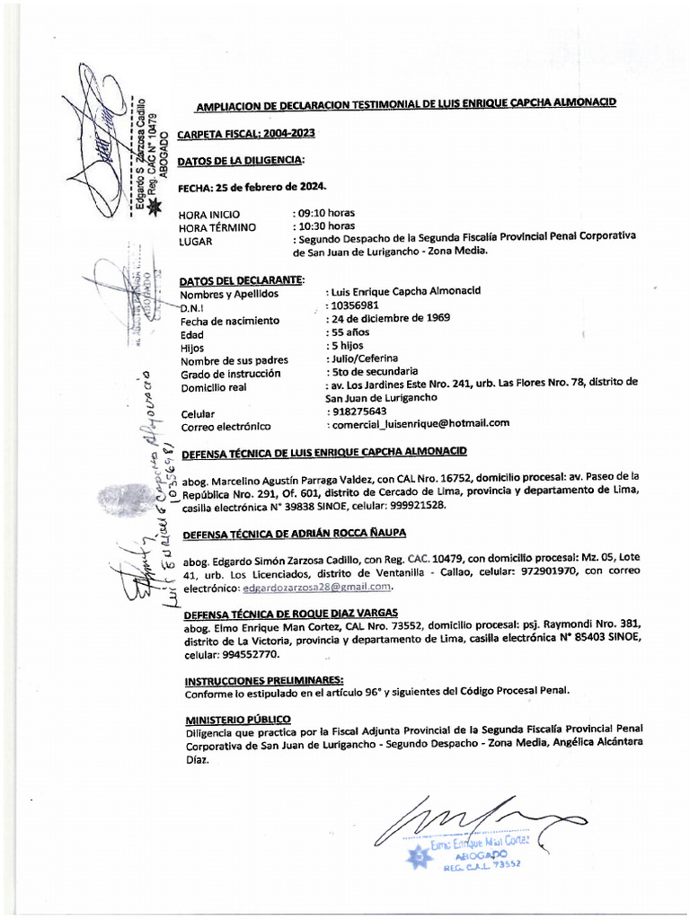 AMPLIACION DE DECLARACION DE LUIS ENRIQUE CAPCHA CON FIRMA . | PDF