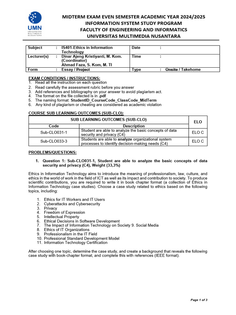 Midterm Exam: Ethics in IT 2024/2025 | PDF | Information Technology | Privacy