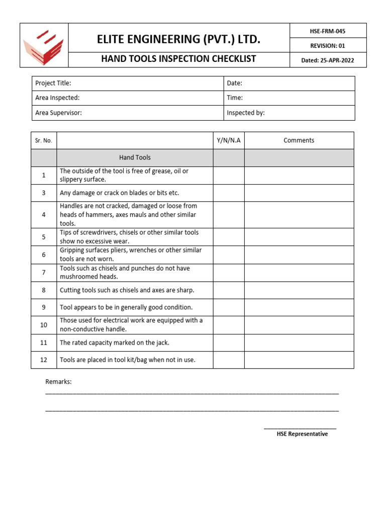 Hse-Frm-045 Hand Tools Inspection Checklist | PDF