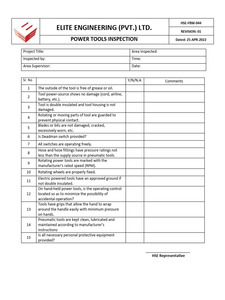 Power Tools Inspection Checklist | PDF