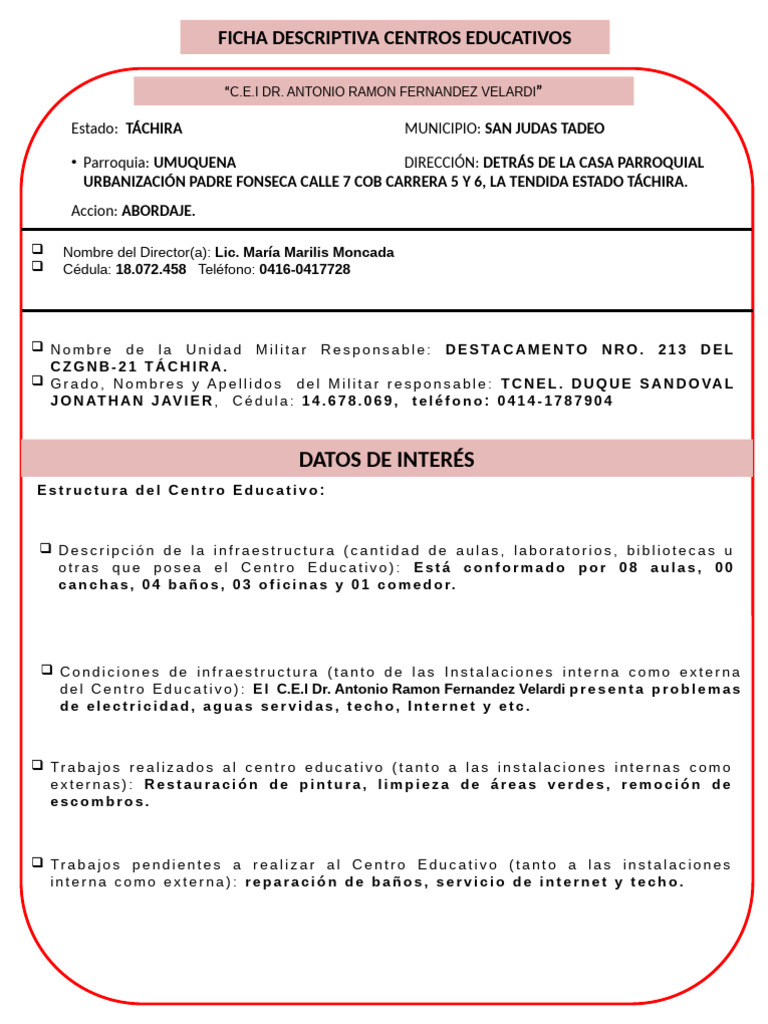 Ficha C.E.I Dr. Antonio Ramon Fernandez Velardi | PDF