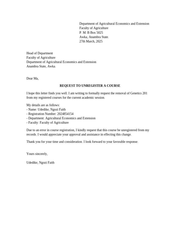 Course Unregistration Request Letter | PDF
