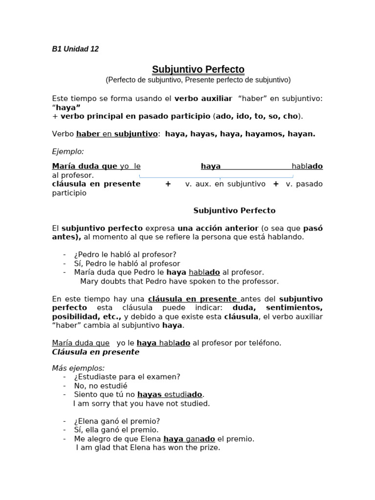 Subjuntivo Perfecto y Duda | PDF | Oración (Lingüística) | Verbo