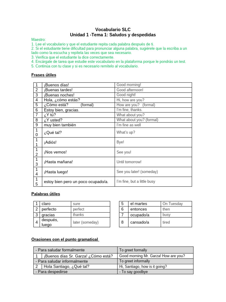 Vocabulario de Saludos y Despedidas | PDF | Lingüística | Gramática