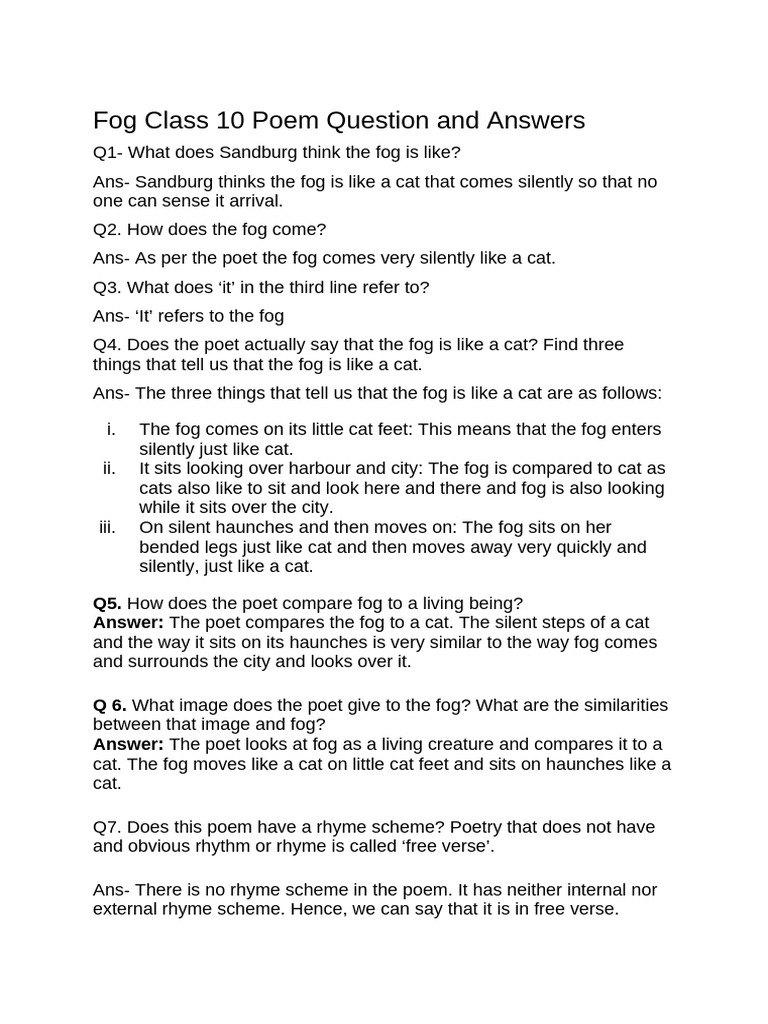 Fog Class 10 Poem Very short ans questions | PDF