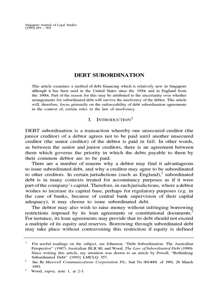 Debt Subordination in Singapore Law | PDF | Bankruptcy | Set Off (Law)