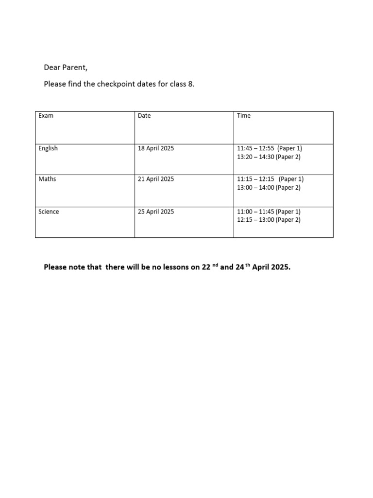 Checkpoint Dates for Class 8 | PDF