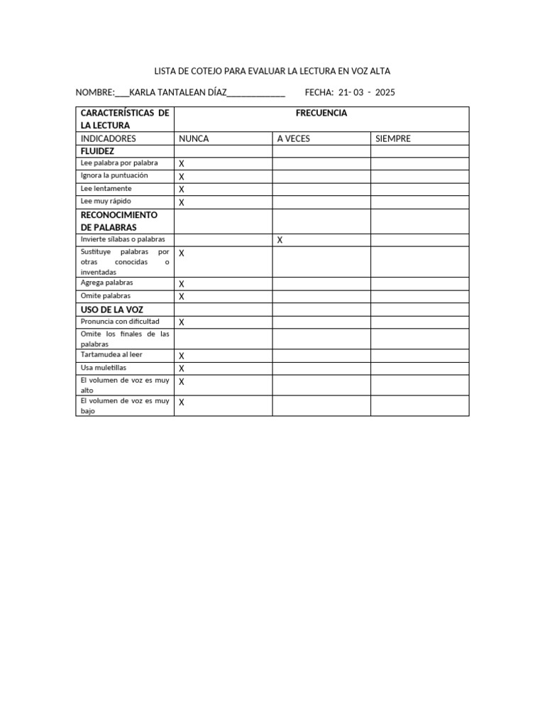 Lista de Cotejo Control de Lectura | PDF
