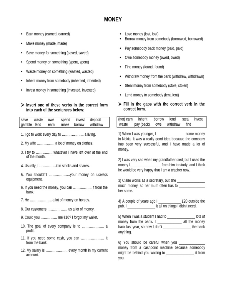 Money - Vocabulary Worksheet | PDF | Money | Economies