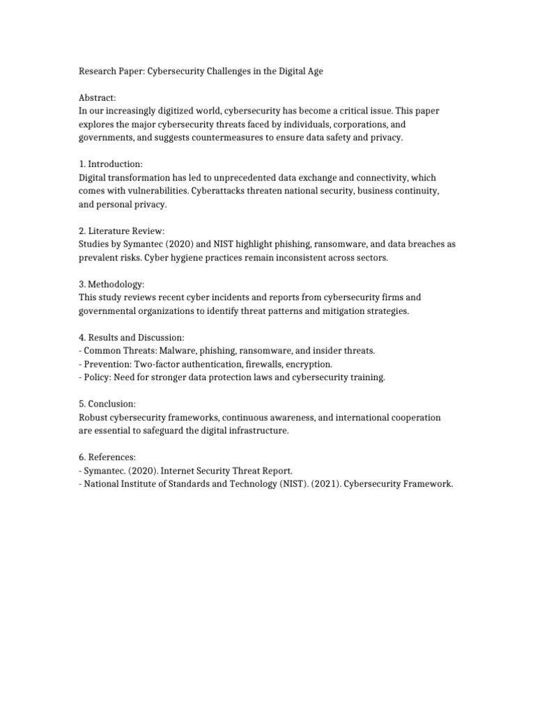 Research Paper Cybersecurity Digital Age | PDF