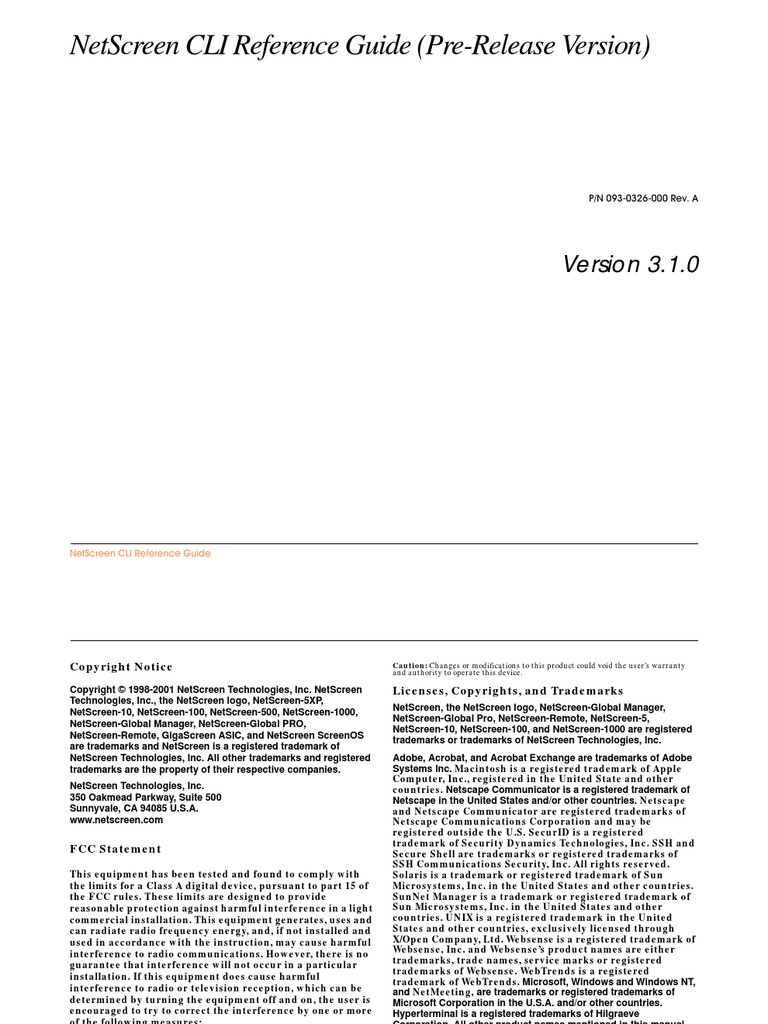 NetScreen CLI Reference Guide Version 3.1 | PDF | Command Line Interface | Port (Computer ...