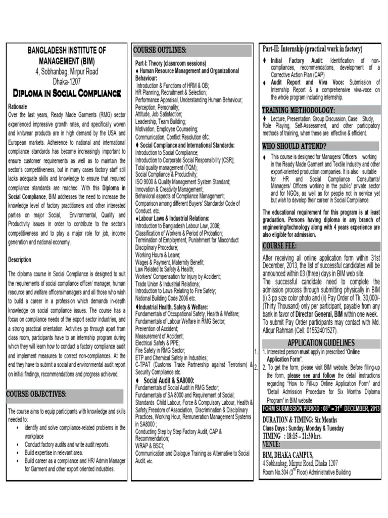 Diploma - 6mo - 2014 - Batch2 - Social Compliance - Brochure | PDF ...