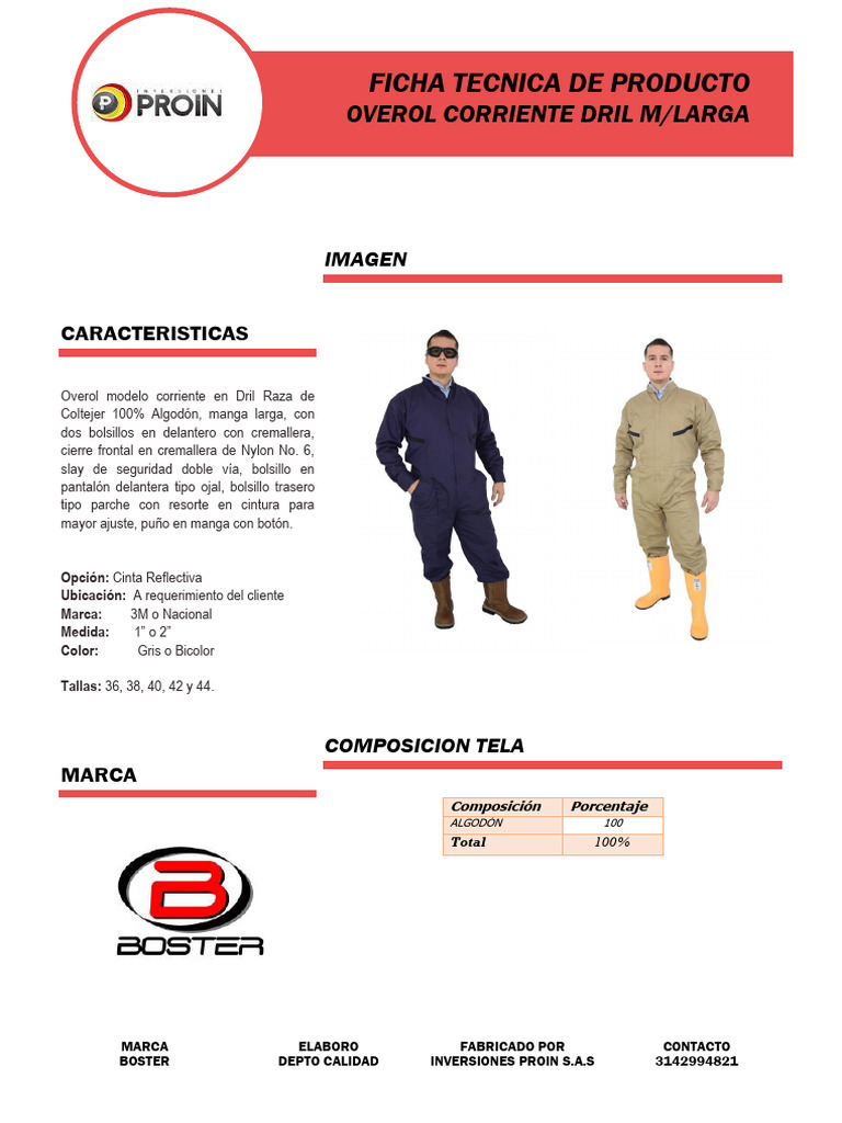5.10. FICHA-TECNICA-OVEROL-CORRIENTE-EN-DRIL-MANGA-LARGA-MARCA-BOSTER-1-1 | PDF