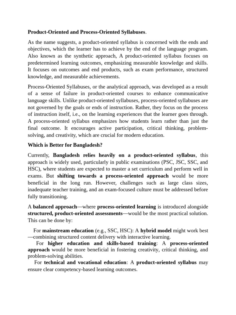 Product-Oriented and Process-Oriented Syllabuses. | PDF