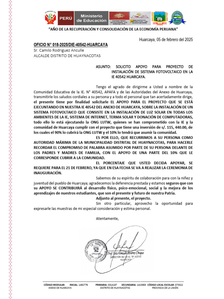 OFICIO Apoyo para Proyecto | PDF | Fotovoltaica | Energía solar