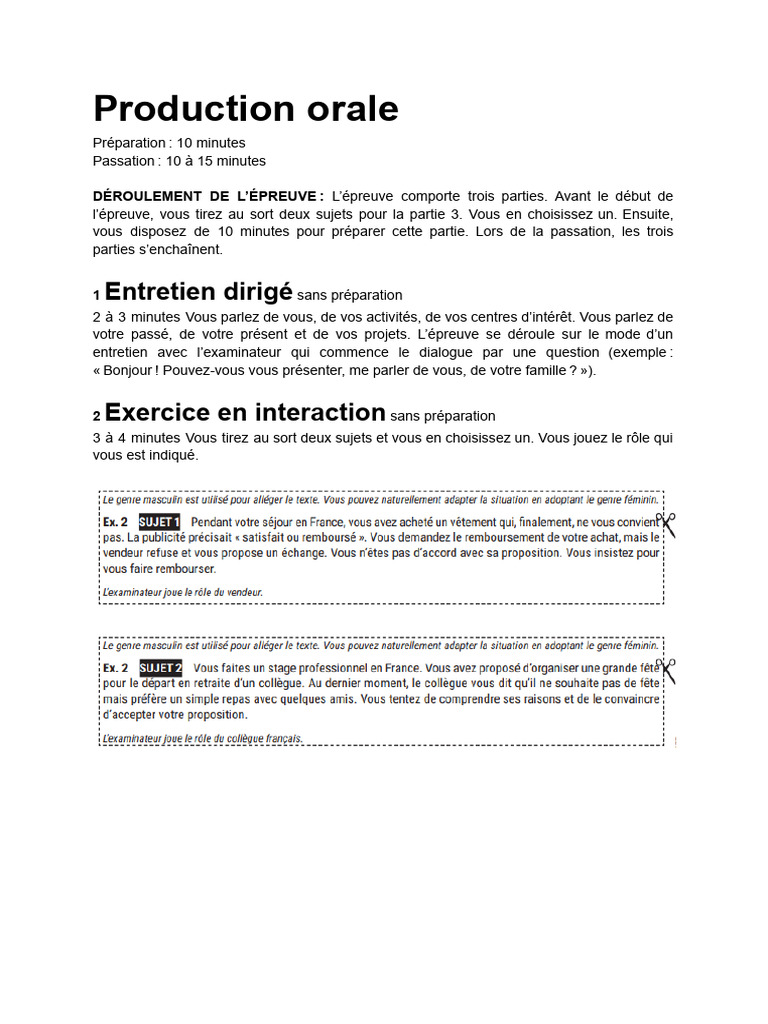 Production orale B1 : Guide et épreuve | PDF