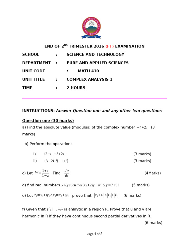 Complex Analysis I (Math 410) 2nd Trimester 2016 | PDF | Mathematical ...