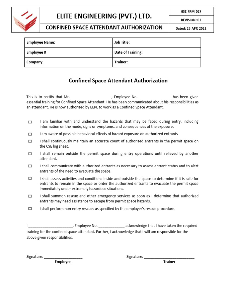 Hse-Frm-027 Confined Space Attendant Authorization | PDF
