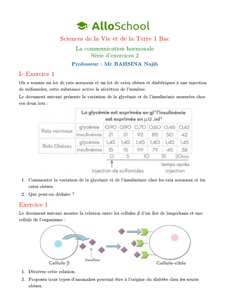 La Communication Hormonale Serie D Exercices 2 2 | PDF