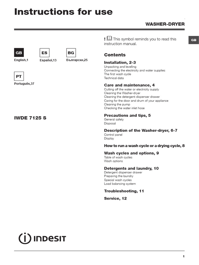 Indesit IWDE 7125 S (EU) Washer-Dryer | PDF | Ac Power Plugs And ...