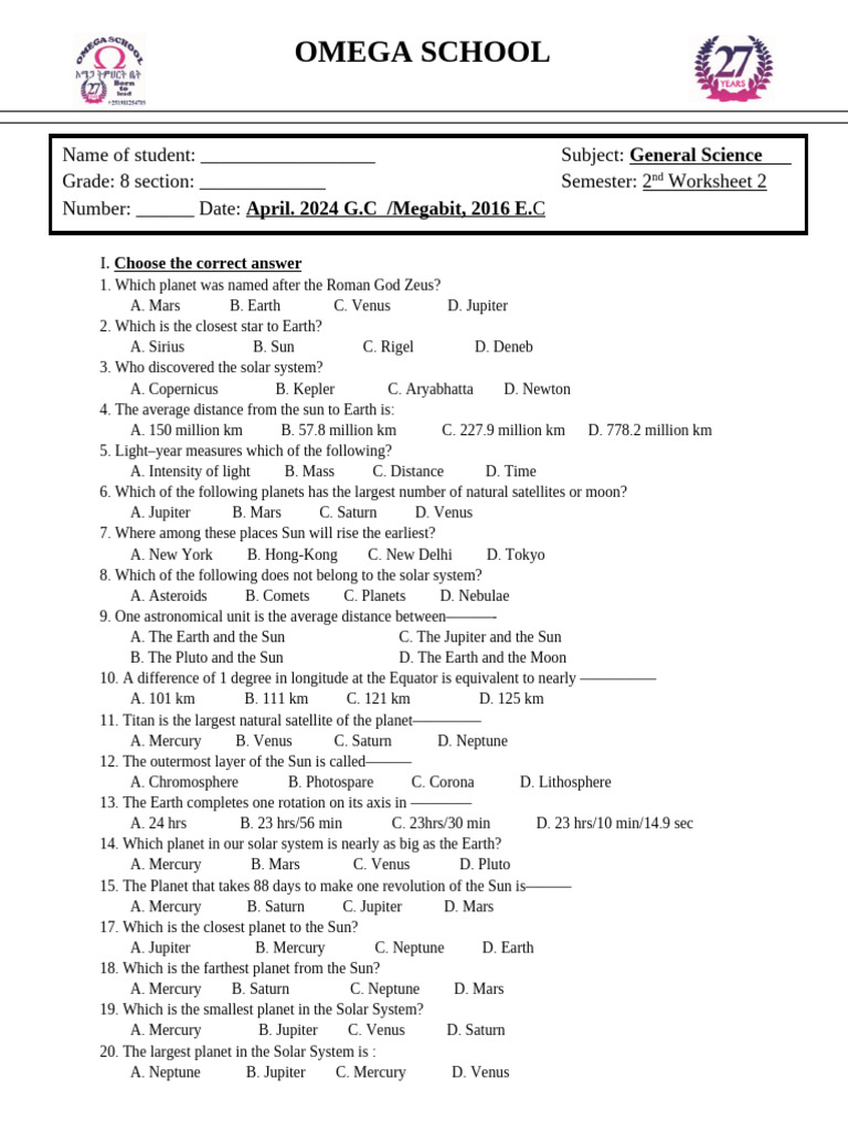 General Science Grade 8 Omega School Worksheet 2 | PDF | Planets ...