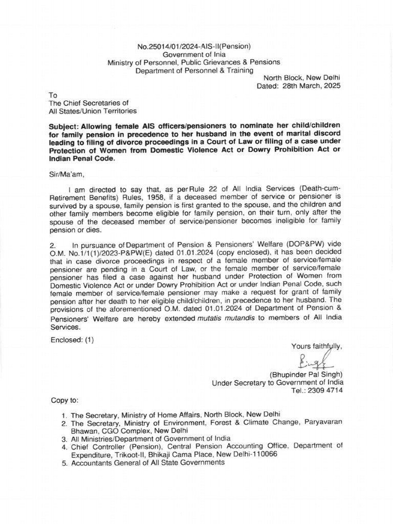 DoPT Order 28.03.2025 - Family Pension To Children Instead of Husband | PDF | Interpersonal ...