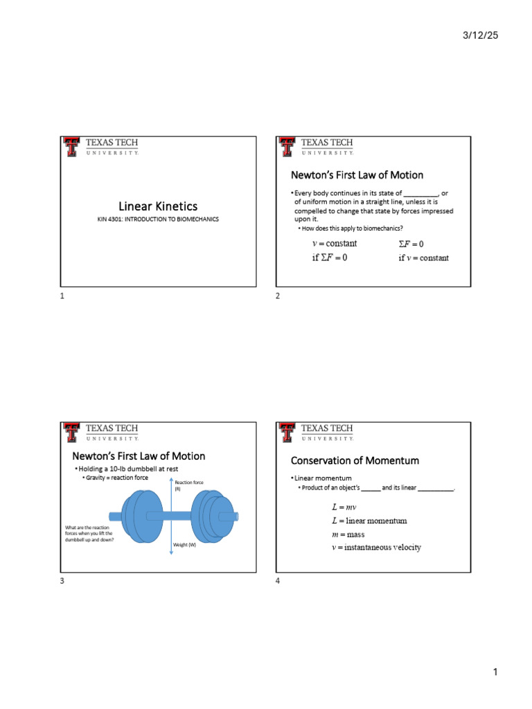 Lec - 9 Linear Kinetics Student Version 06232016 | PDF | Force | Momentum