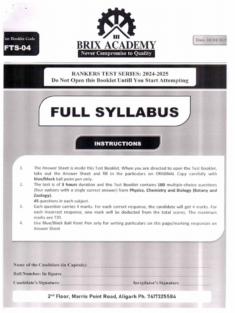 Physics Solution FTS-4 Phase-3 Date 10-04-2025 | PDF