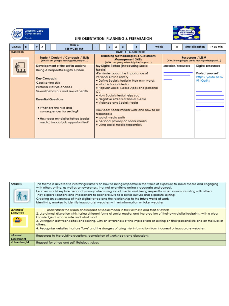 Lesson Plan GET SP Grade 9 Life Orientation Term 2 Week 8 | PDF ...