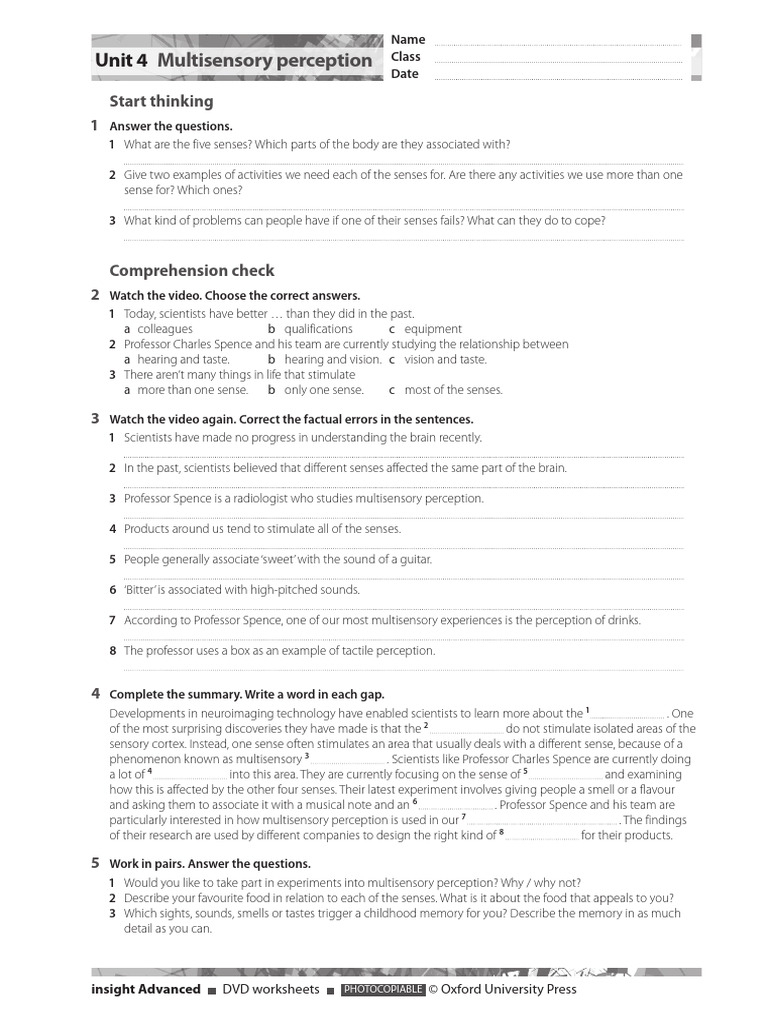 Insight Advanced DVD Worksheets Unit 4 | PDF | Senses | Perception