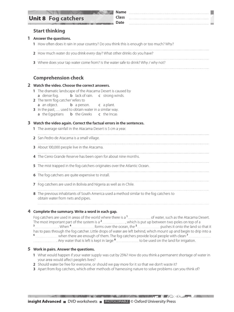 Insight Advanced DVD Worksheets Unit 8 | PDF | Desert | Fog