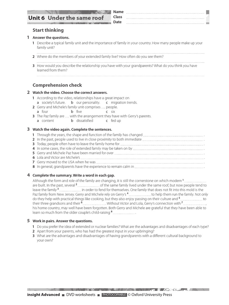 Insight Advanced DVD Worksheets Unit 6 | PDF