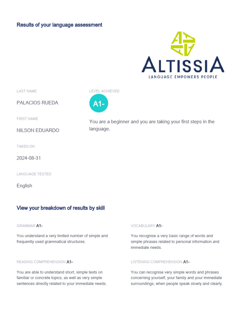 A1 English Language Assessment Results | PDF