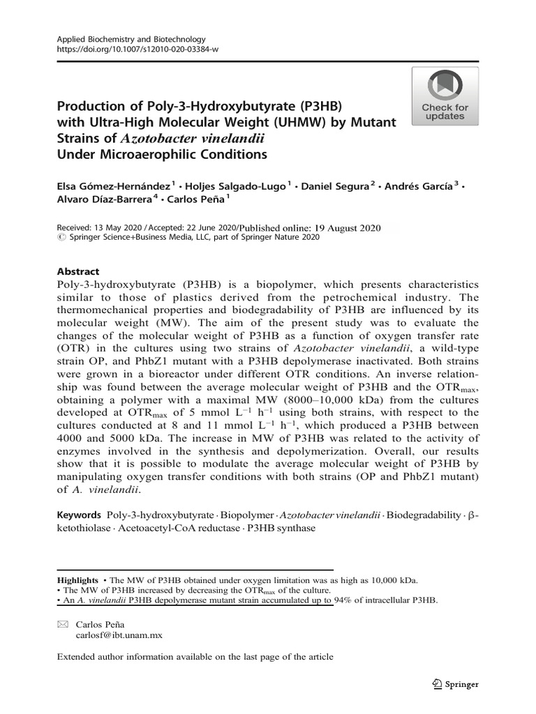 Production of Poly-3-Hydroxybutyrate (P3HB) With Ultra-High Molecular ...