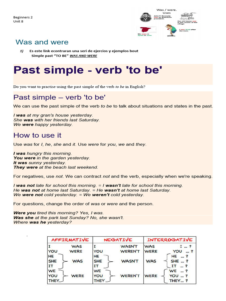 Simple Past To Be WAS AND WERE Book 1 Unit 8 | PDF