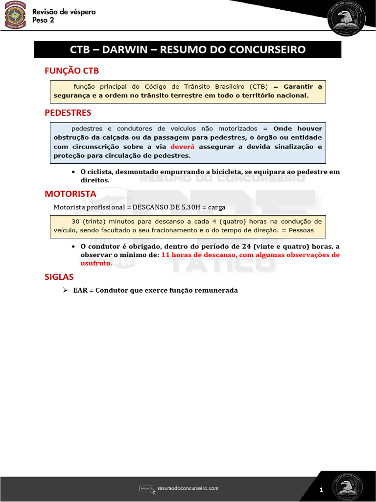 CTB - Resumo Do Concurseiro | PDF | Tráfego | Transporte