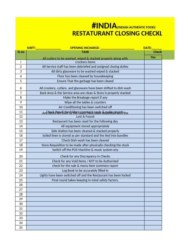 Restaurant Closing Checklist Template | PDF | Restaurants