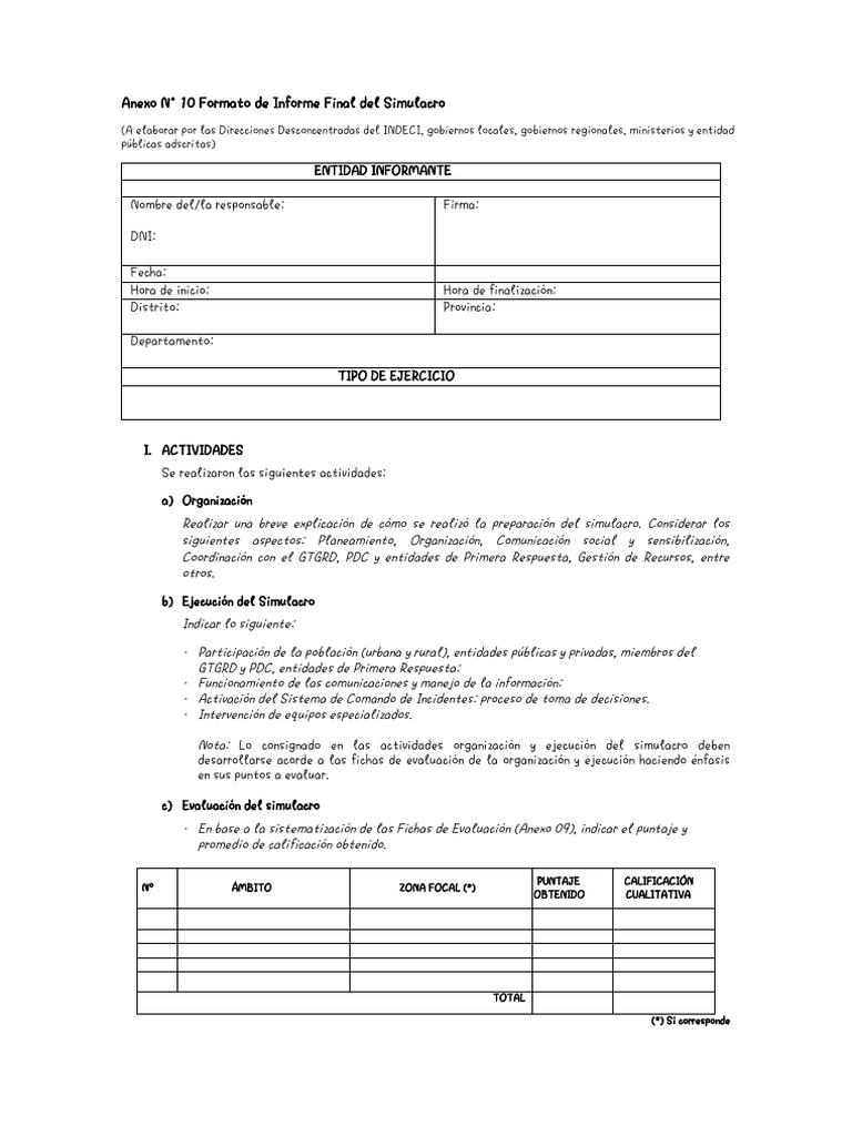 Anexo #10 - Formato de Informe Final Del Simulacro | PDF