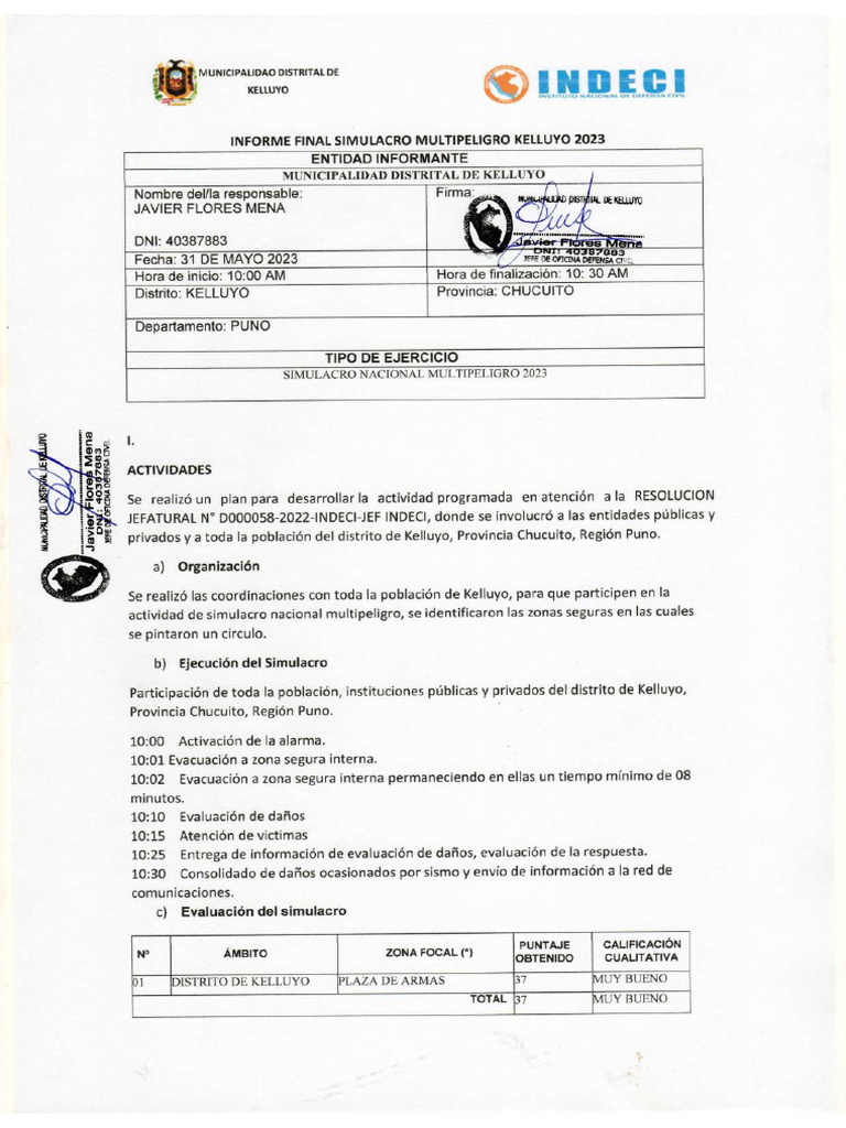 Informe Final Simulacro Kelluyo 2023 J | PDF