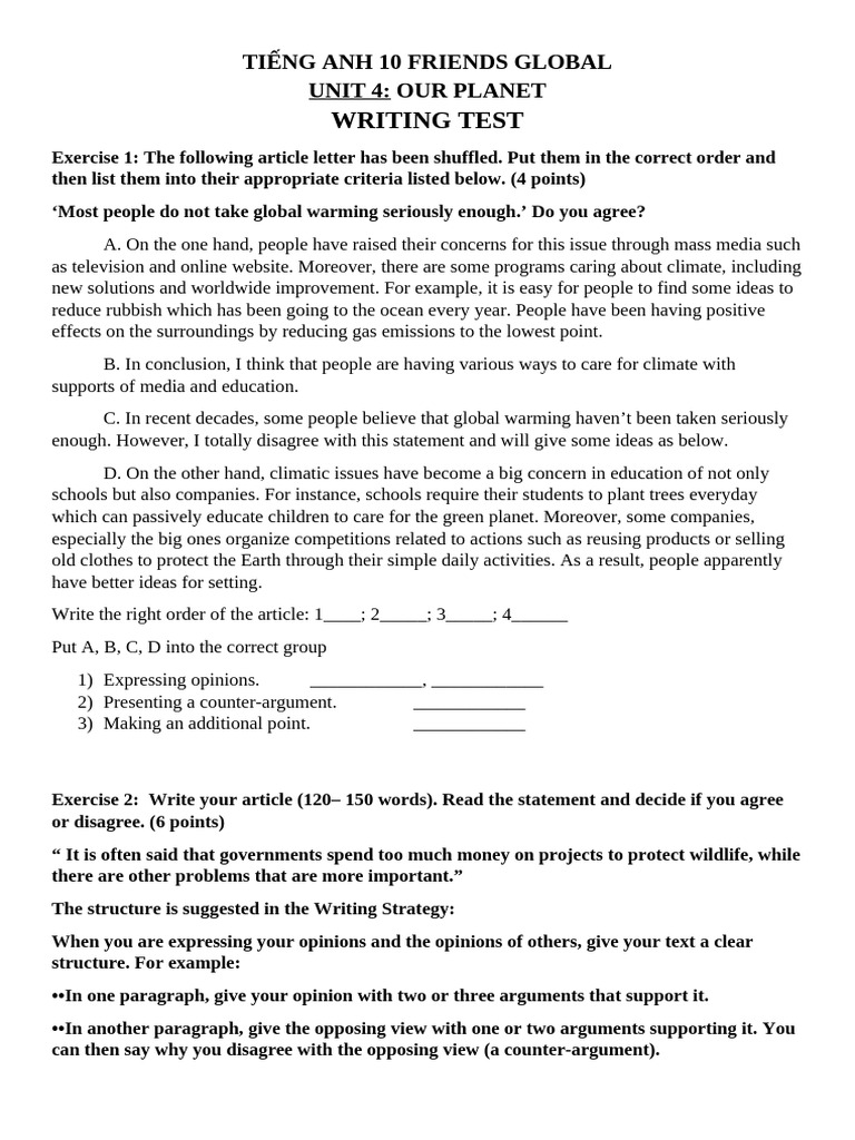 Friends Global 10 - Unit 4 - Writing Test | PDF | Climate Change | Climate