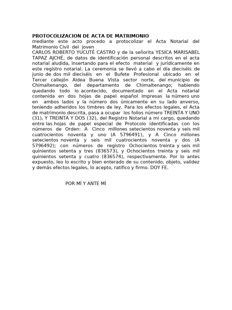 PROTOCOLIZACION DE ACTA DE MATRIMONIO | PDF