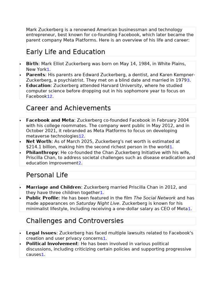 Mark Zuckerberg: Biography and Achievements | PDF