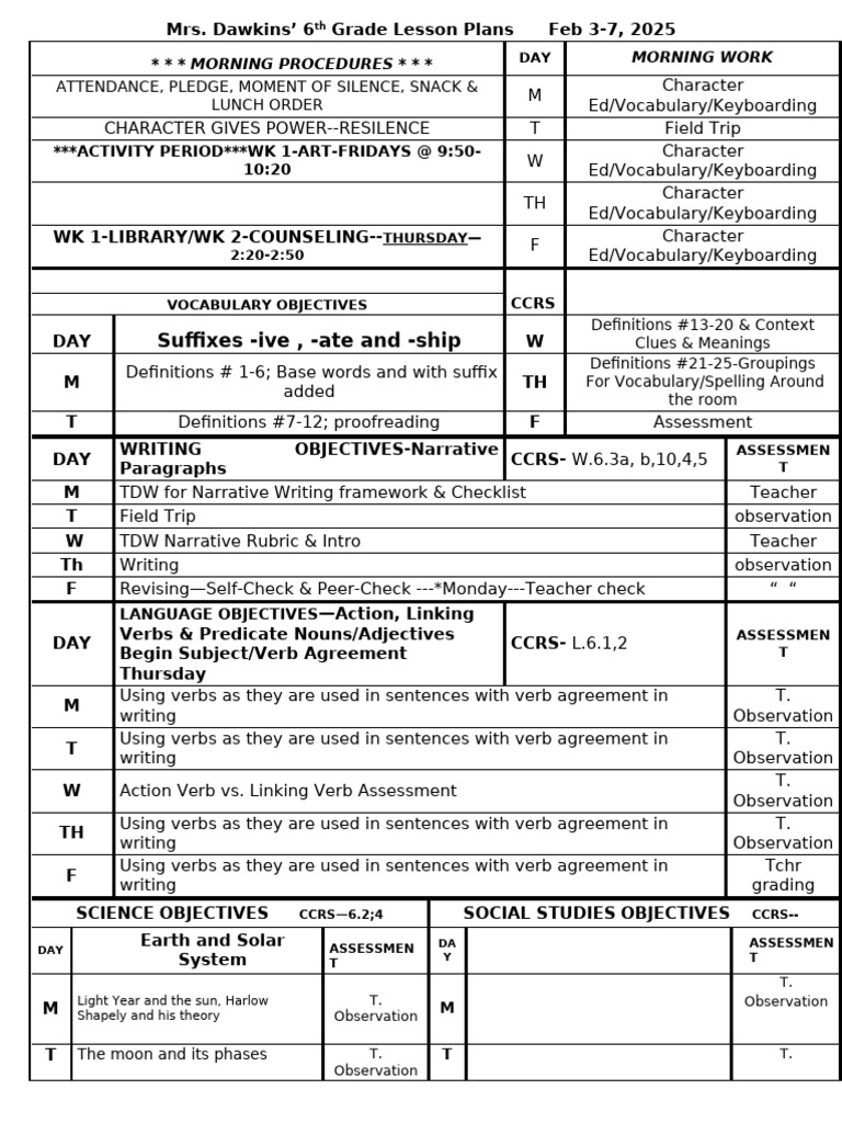6TH GRADE LESSON PLANS Feb 3-7, 2025 | PDF | Verb | Moon
