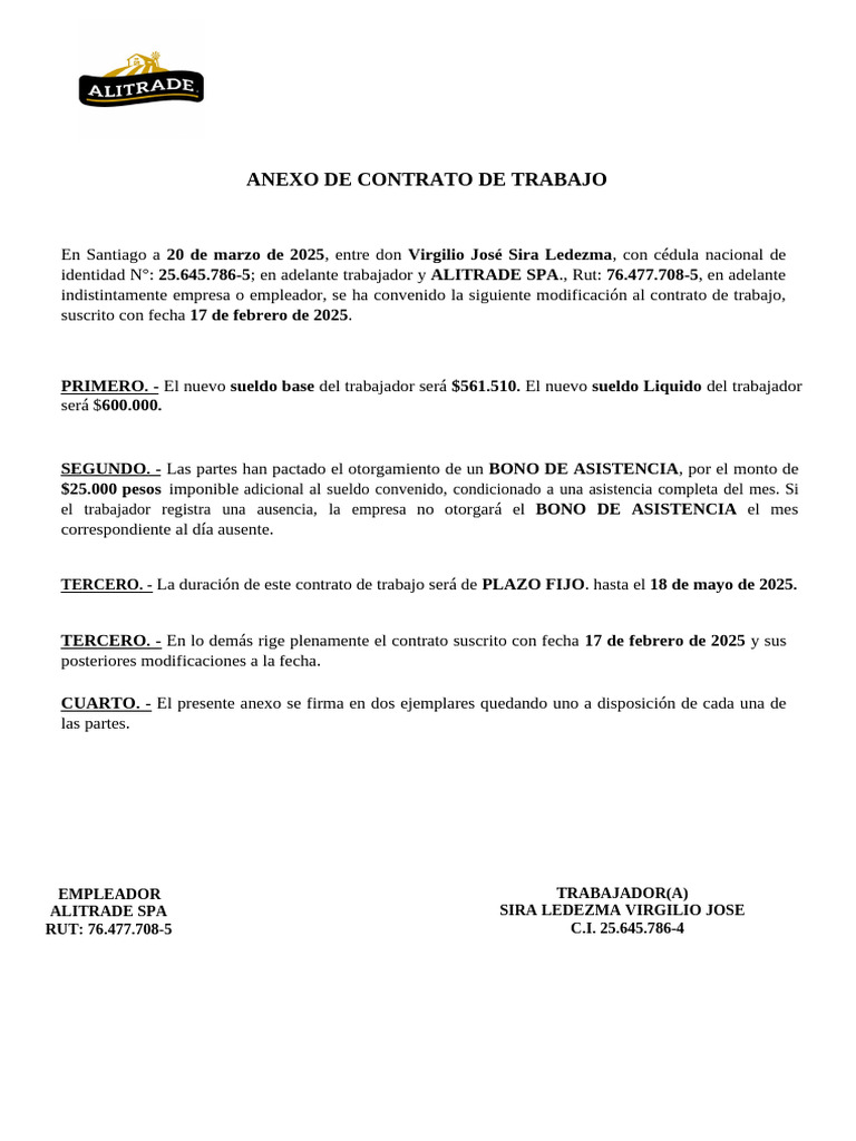 ANEXO CAMBIO DE SUELDO BASE Y BONO DE ASISTENCIA PLAZO FIJO | PDF